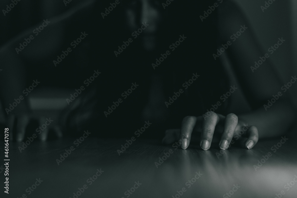 Female ghost in white dress in room. A young scary girl in an old white ...