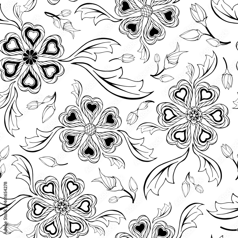 Zen art fantasy flowers random seamless pattern. Zentangle floral ...