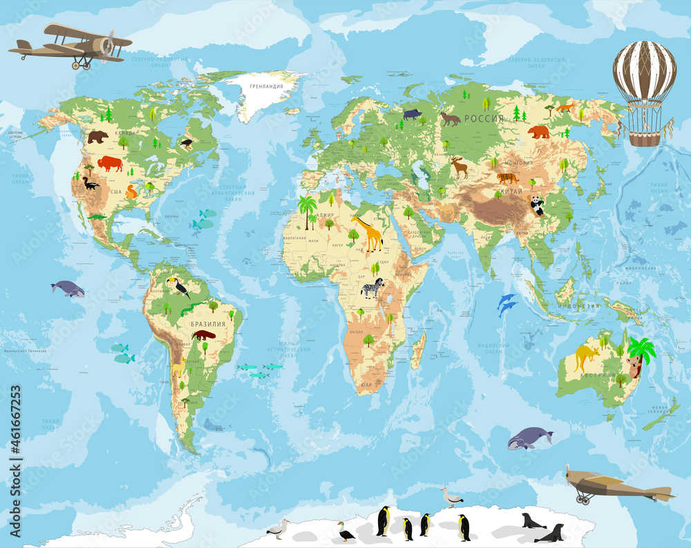 image for photo wallpapers and murals. Children's world map with ...