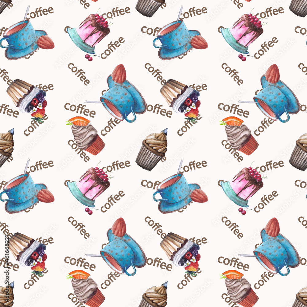 Watercolor Coffee seamless pattern, cafe design, coffee cup and beans ...