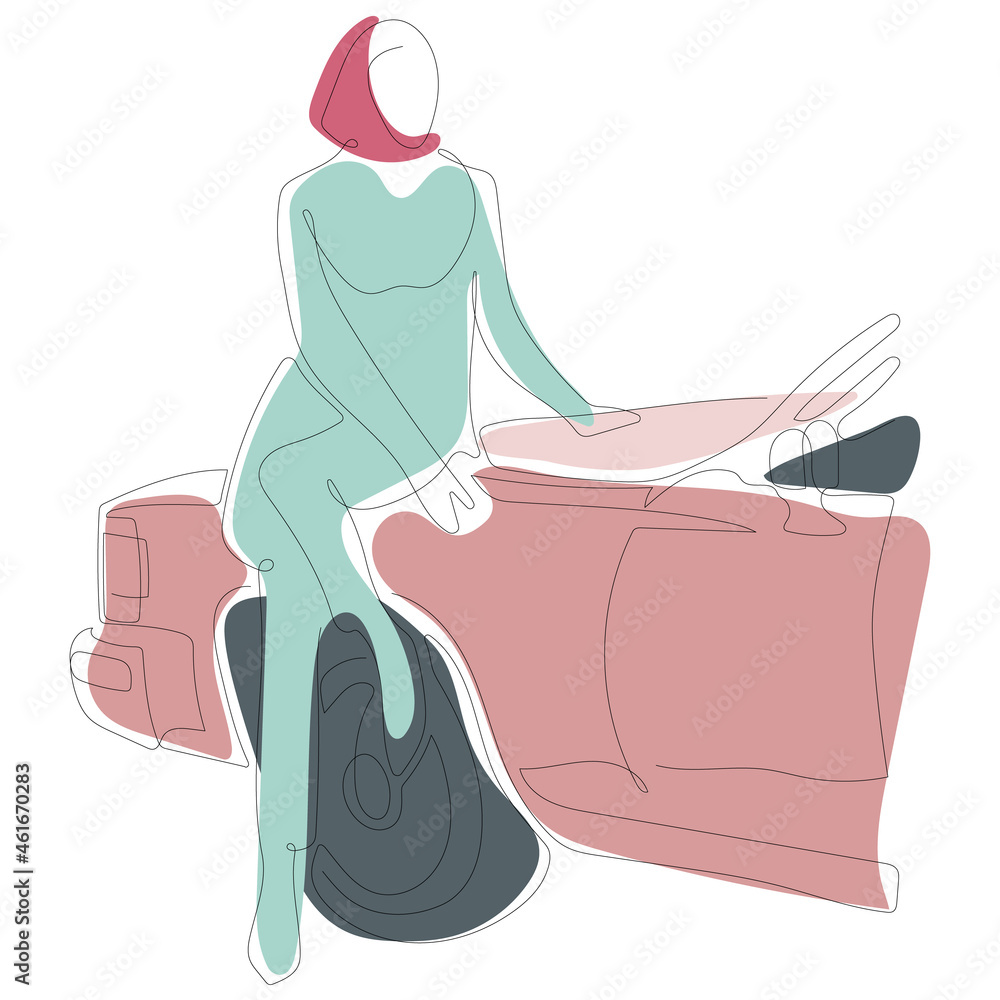 Continuous line drawing of beautiful woman (girl) with car art ...