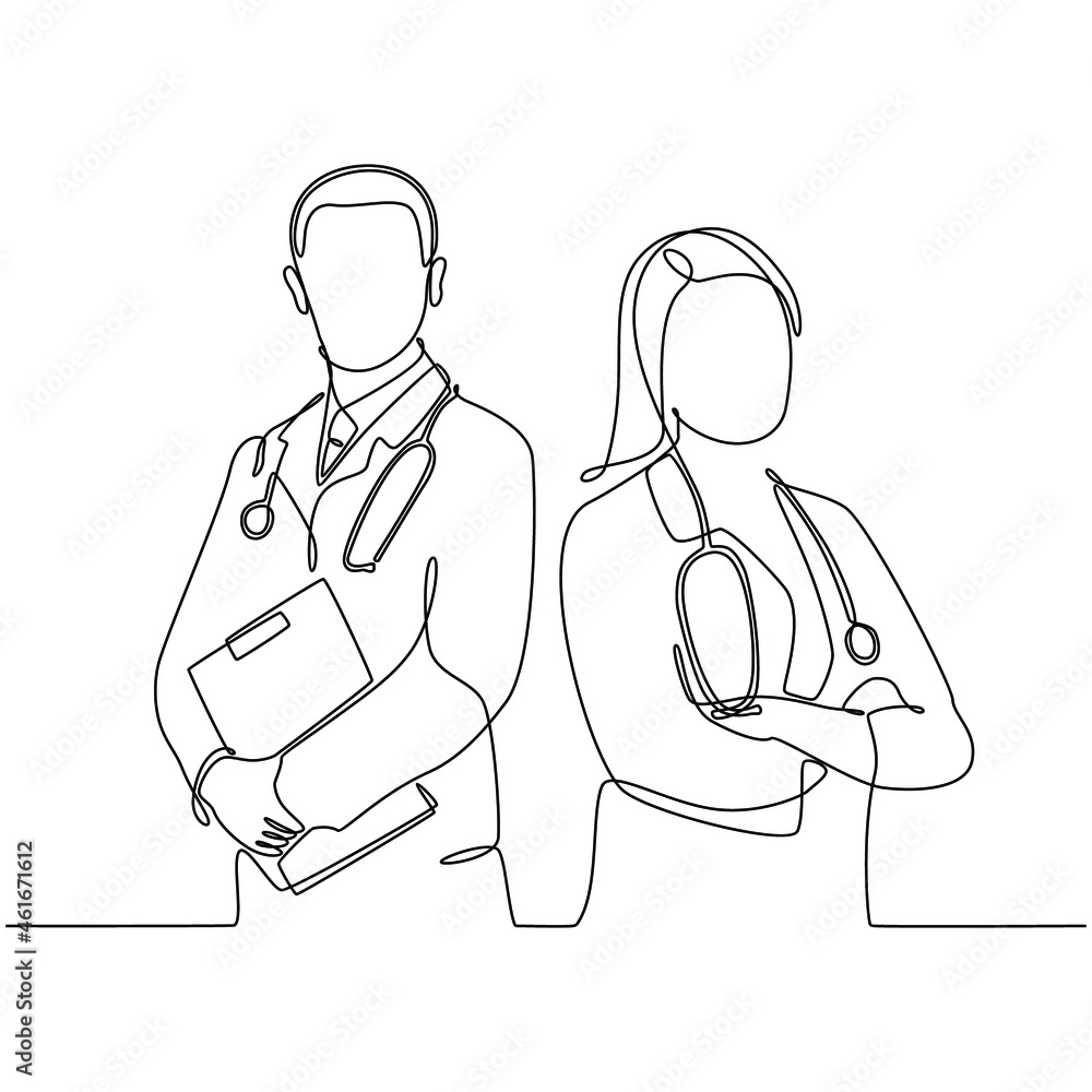 continuous line drawing of medical team portraits of doctors, women and ...