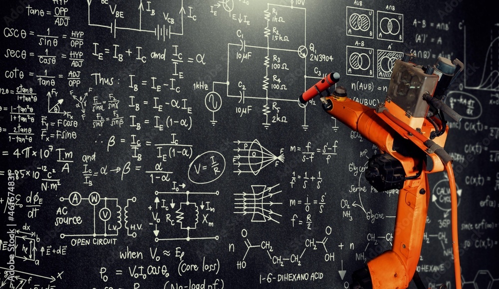 Robot arm AI analyzing mathematics for mechanized industry problem ...