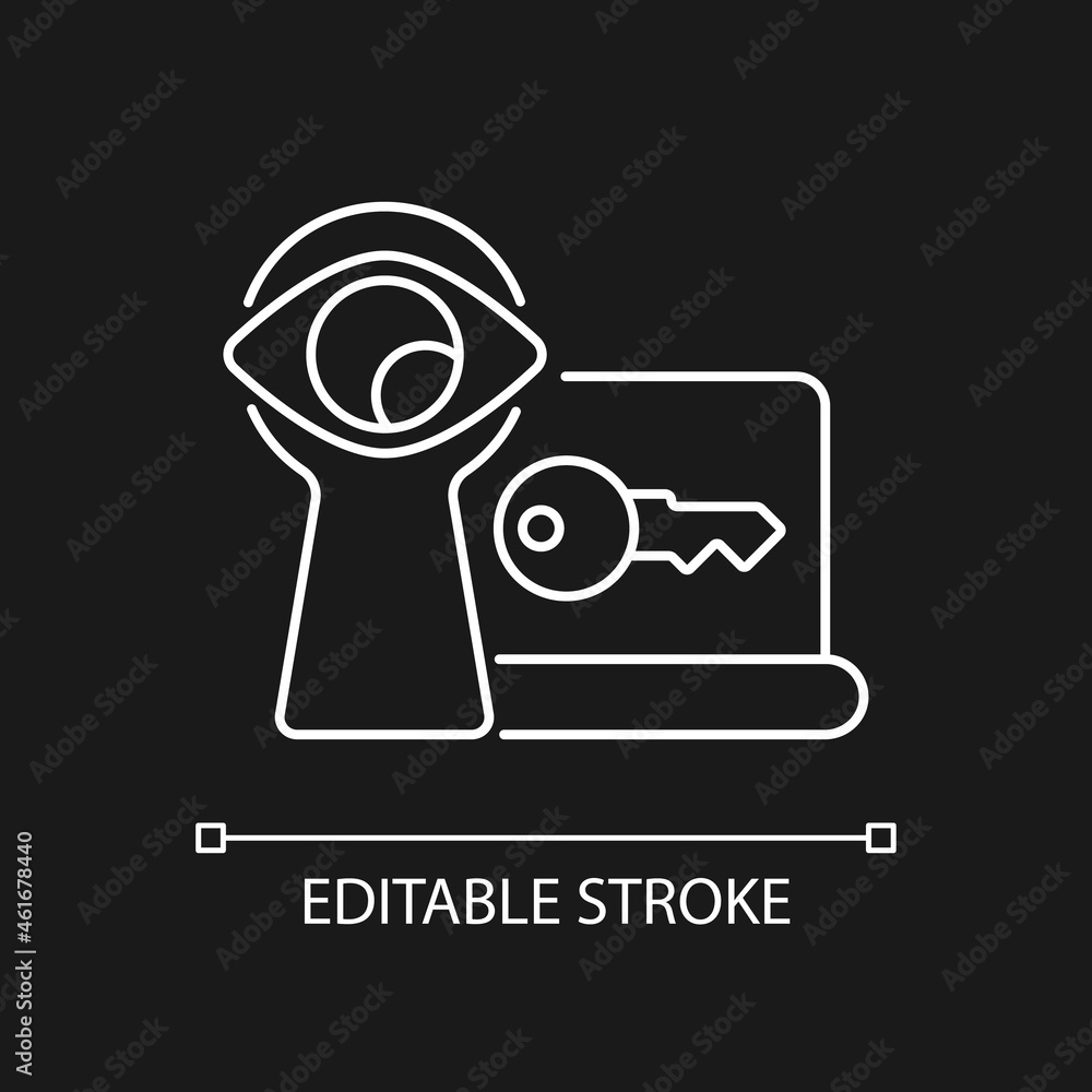 Shoulder surfing attack white linear icon for dark theme. Data breach ...