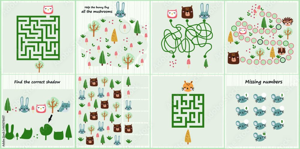 Mini games collections with forest animals for development. I spy. Maze ...