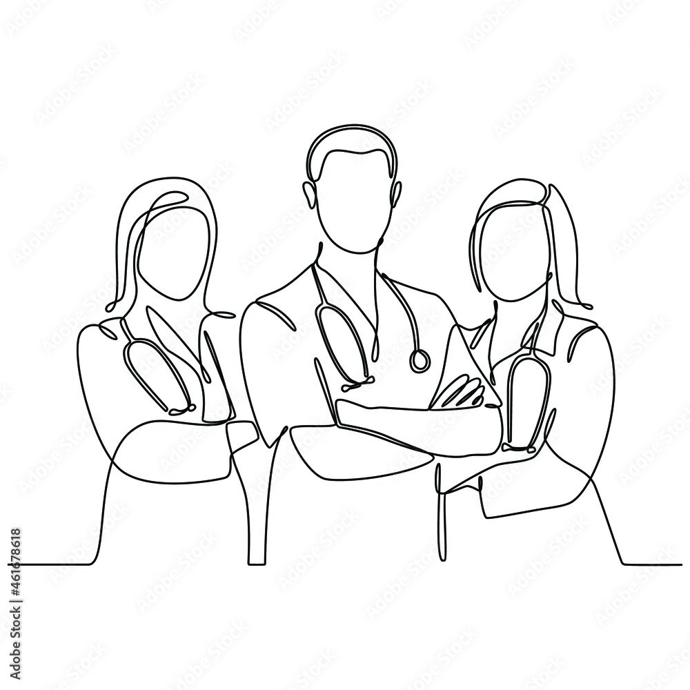 Continuous line drawing of medical team portraits of doctors, women and ...