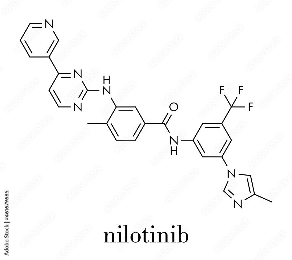 Nilotinib cancer drug molecule (tyrosine kinase inhibitor). Skeletal ...