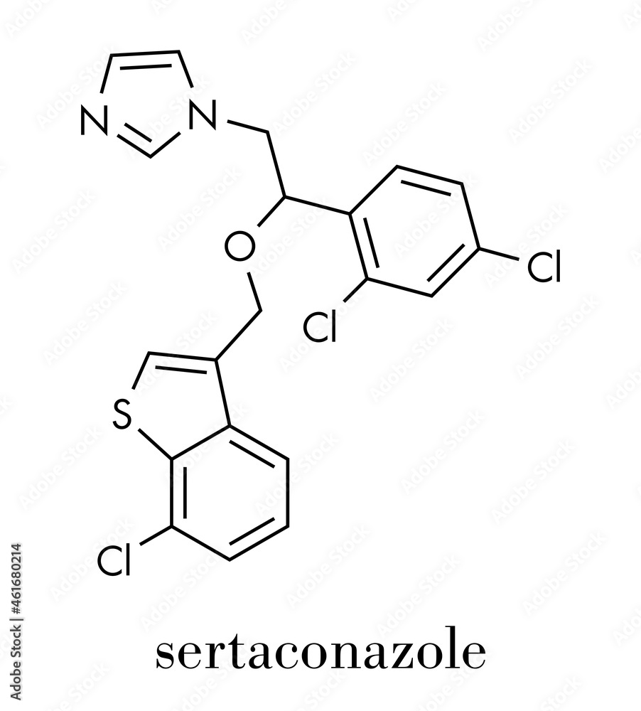 Sertaconazole antifungal drug molecule. Skeletal formula. Stock Vector ...