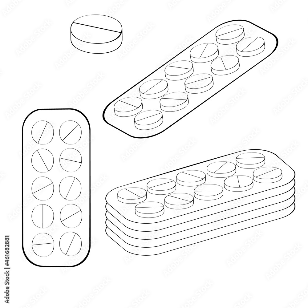 An outline jpeg illustration of a set of pills and piles of pill ...