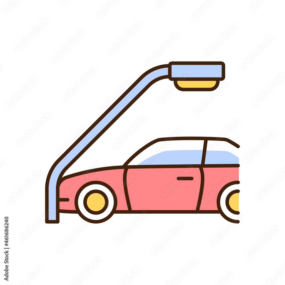 Single-vehicle collision RGB color icon. Colliding with lamppost. Head ...