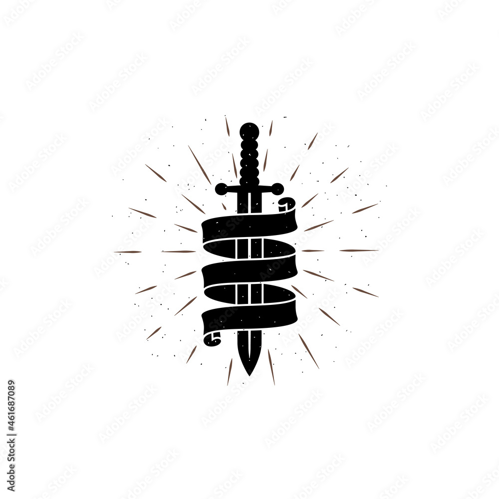 Colored illustration of sword, ribbon and rays on a white background ...