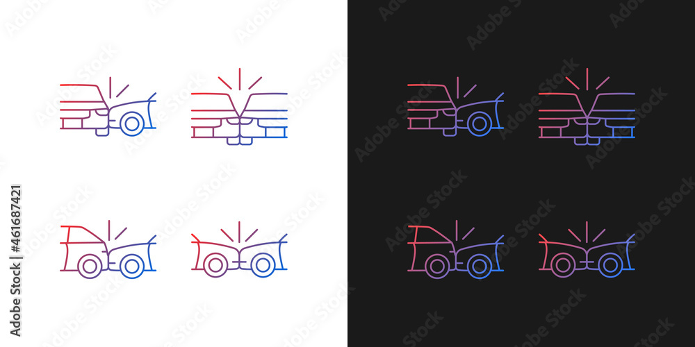 Vehicle crashes gradient icons set for dark and light mode. T-bone ...