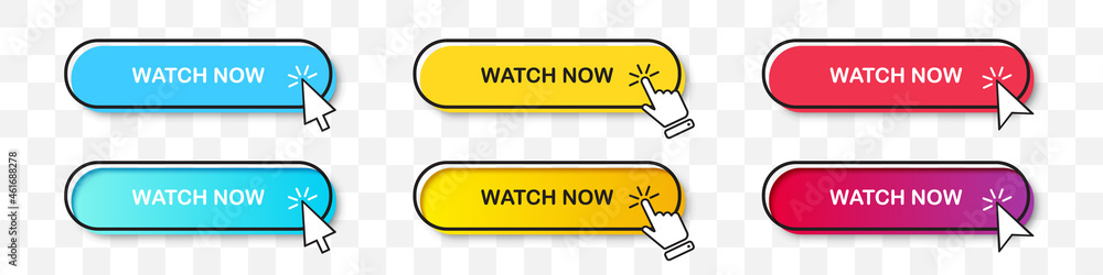 Watch Now buttons collection with cursor pointer in two styles. Flat ...