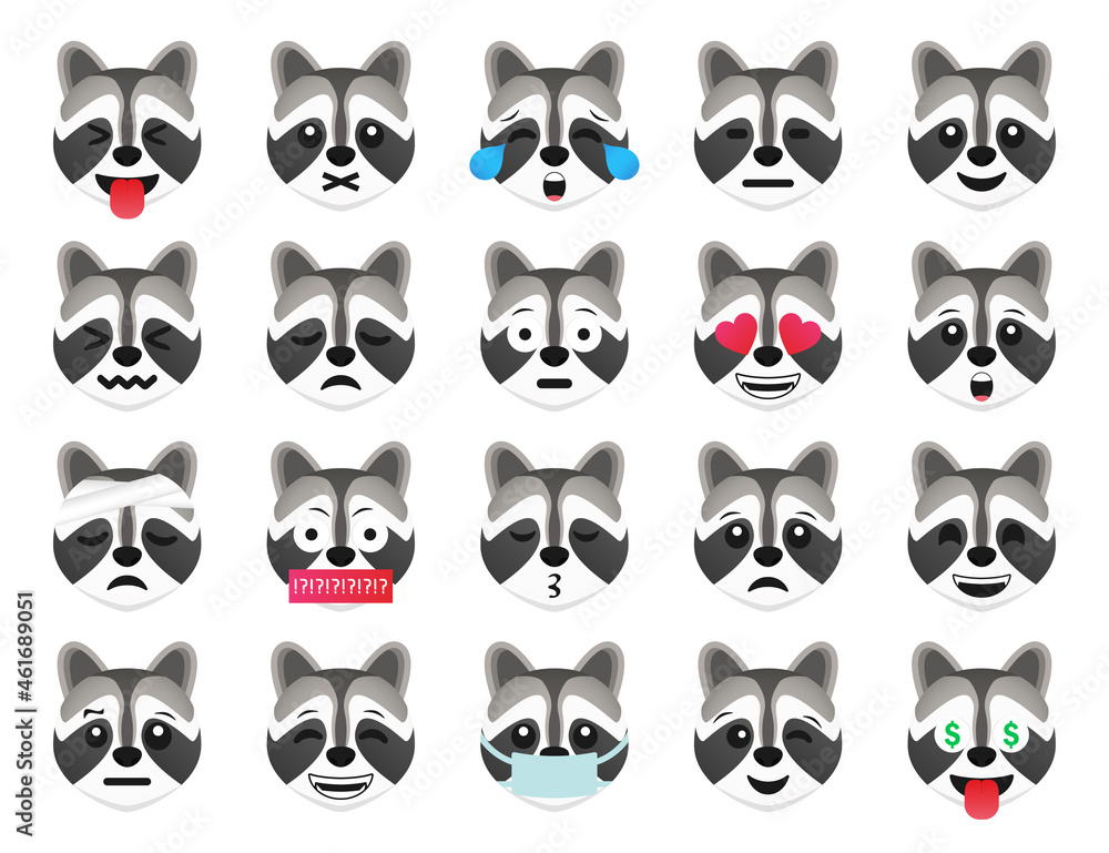 Racoon emoticon smile icons collection. Cartoon racoon emoji set ...