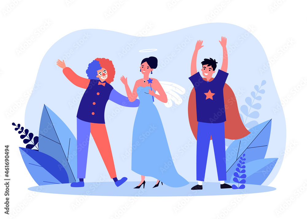 People in costumes having fun celebrating. Happy friends, clown ...