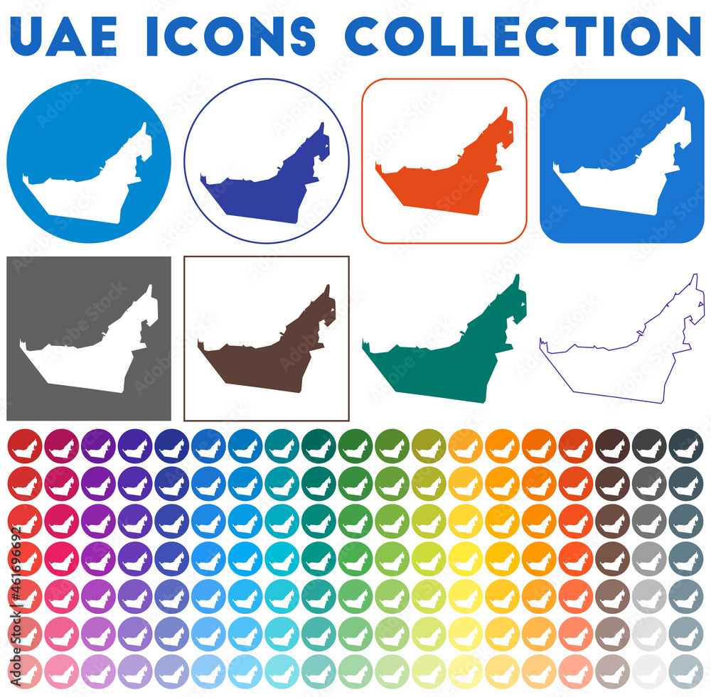 UAE icons collection. Bright colourful trendy map icons. Modern UAE ...