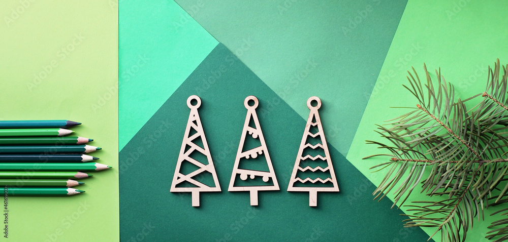 Tree simple wooden trees and many various shade of green color pencils ...