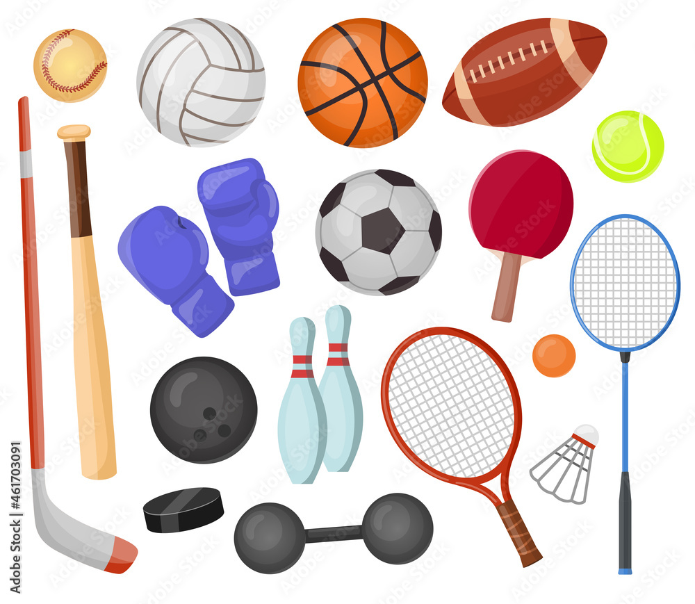 Sport equipment cartoon vector set. Balls and items for hockey, rugby ...