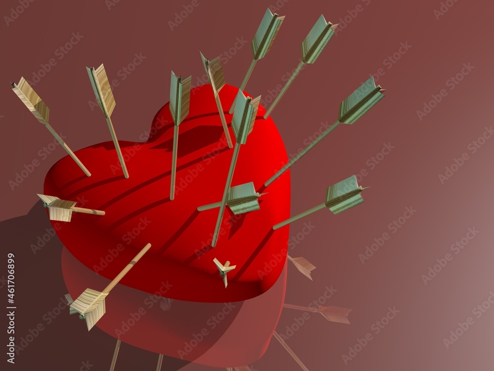 A model of a heart pierced by arrows from a bow. A symbol of passionate ...