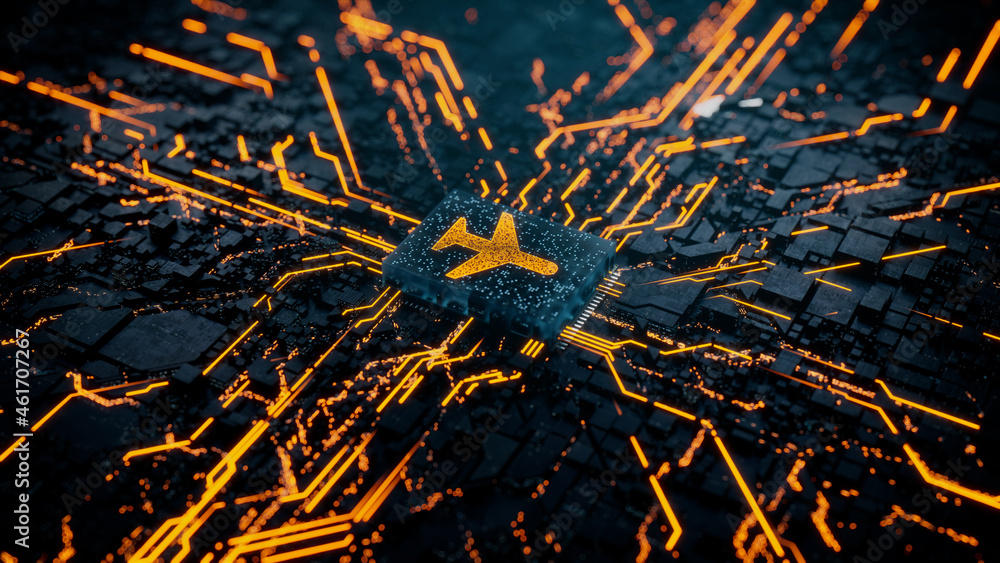 Flight Technology Concept with airplane symbol on a Microchip. Data ...