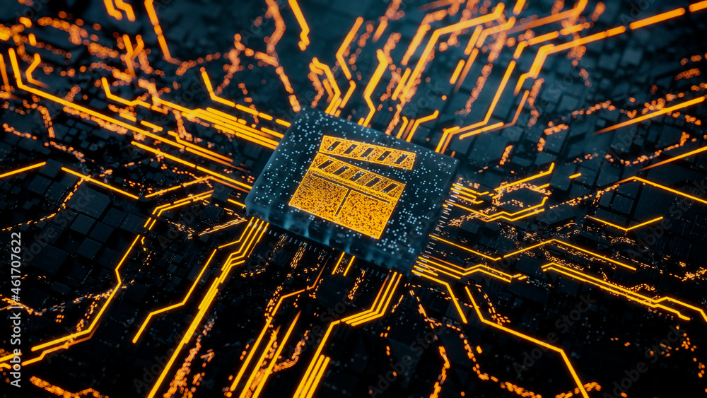 Entertainment Technology Concept with movie symbol on a Microchip. Data ...