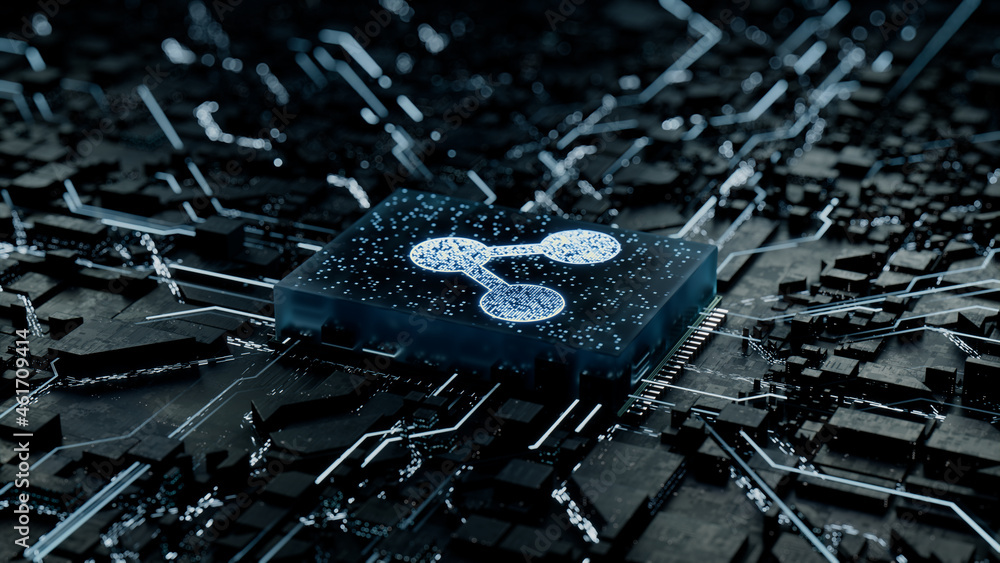 Network Technology Concept with share symbol on a Microchip. Data flows ...