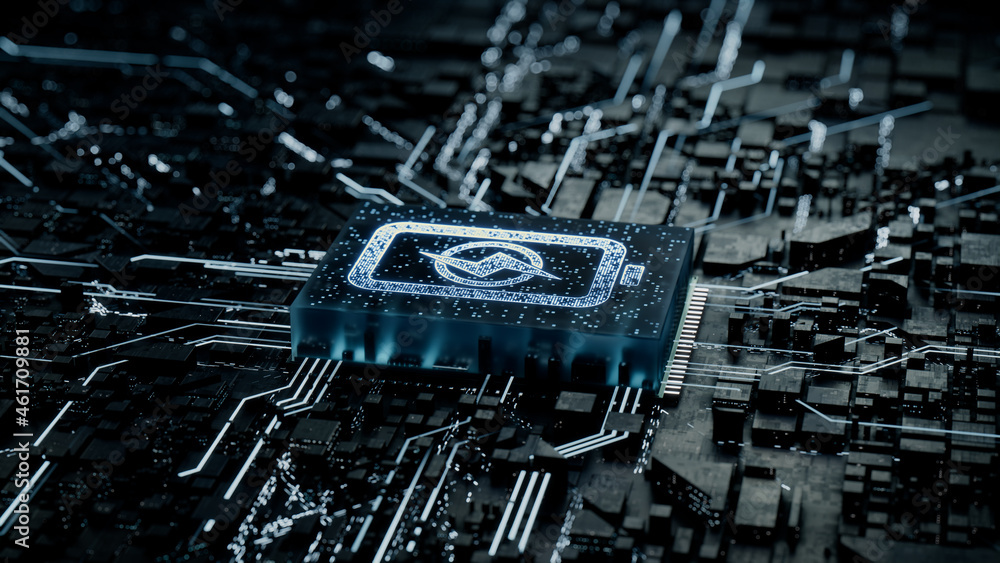 Energy Technology Concept with battery symbol on a Microchip. Data ...