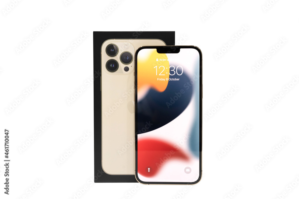 Isolate of the new iPhone 13 Pro Max Gold color with lock screen on ...