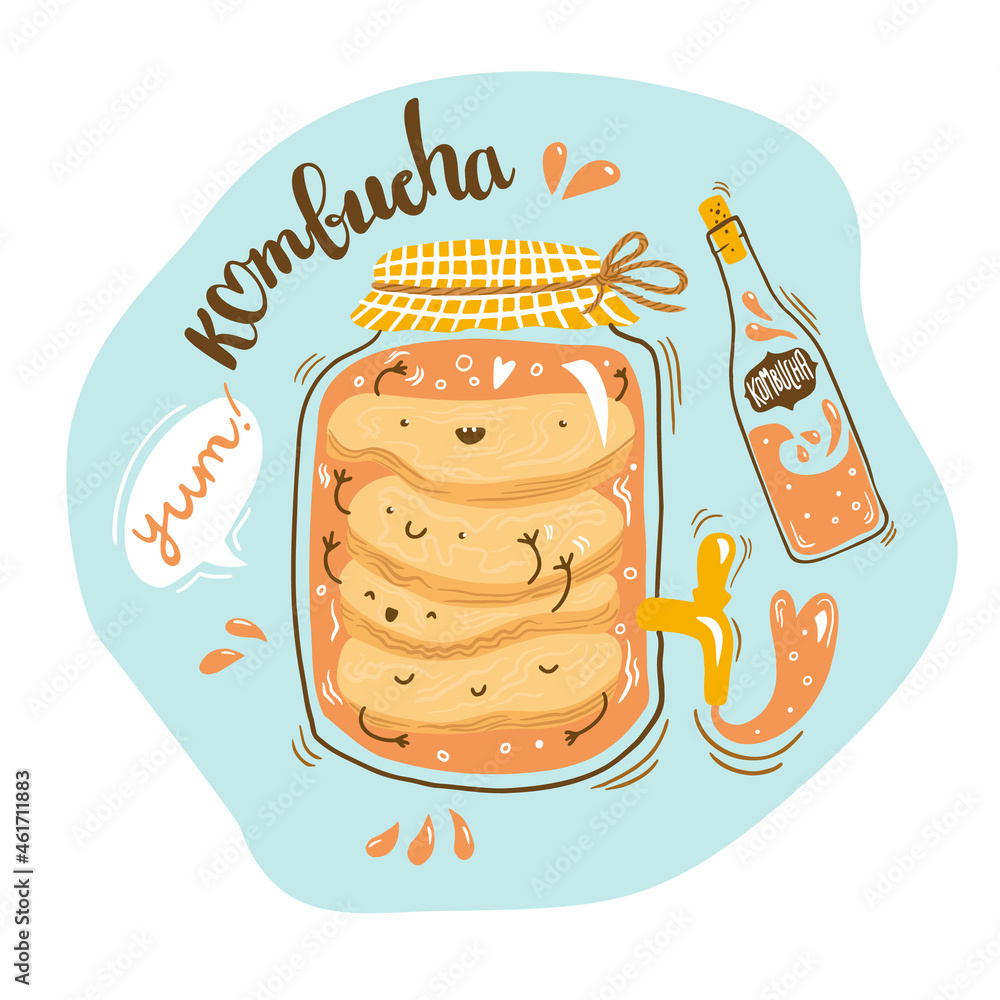 Kombucha Tea Brewery natural healthy drink label illustration. Cute ...