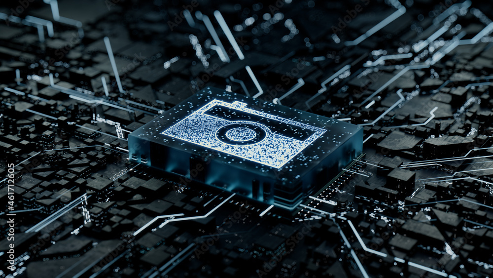 Photo Technology Concept with camera symbol on a Microchip. Data flows ...