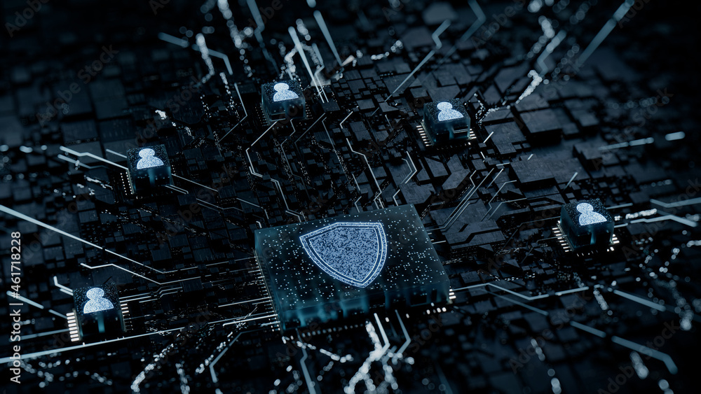 Security Technology Concept with shield symbol on a Microchip. White Neon Data flows between ...