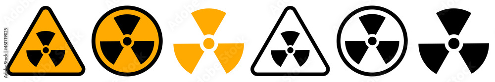 Set of radiation hazard signs. Radiation, round and triangular signs ...