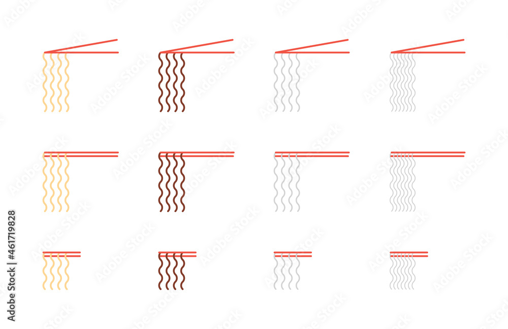 Chopsticks holding noodles icons set. Udon, soba, rice, glass different ...