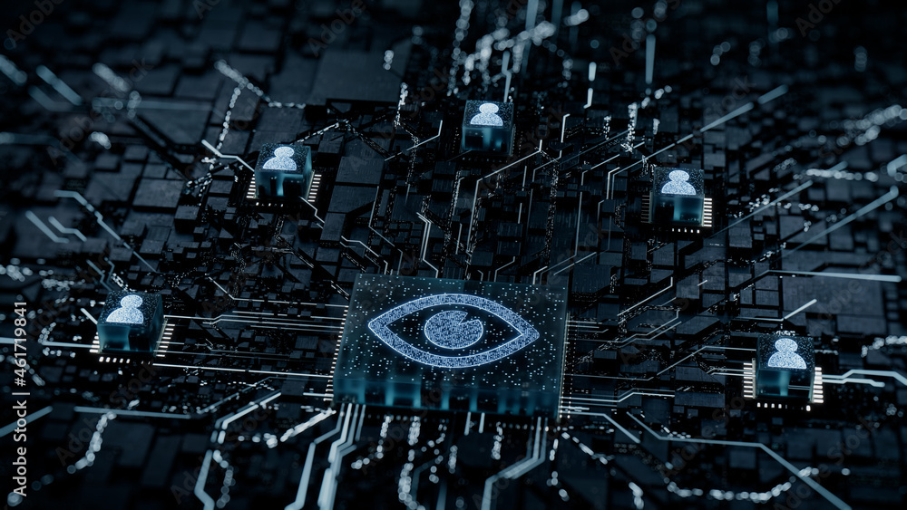 Vision Technology Concept with eye symbol on a Microchip. White Neon ...