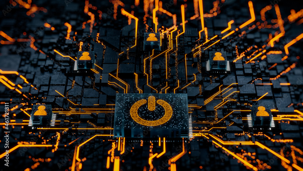Activate Technology Concept with power symbol on a Microchip. Orange ...