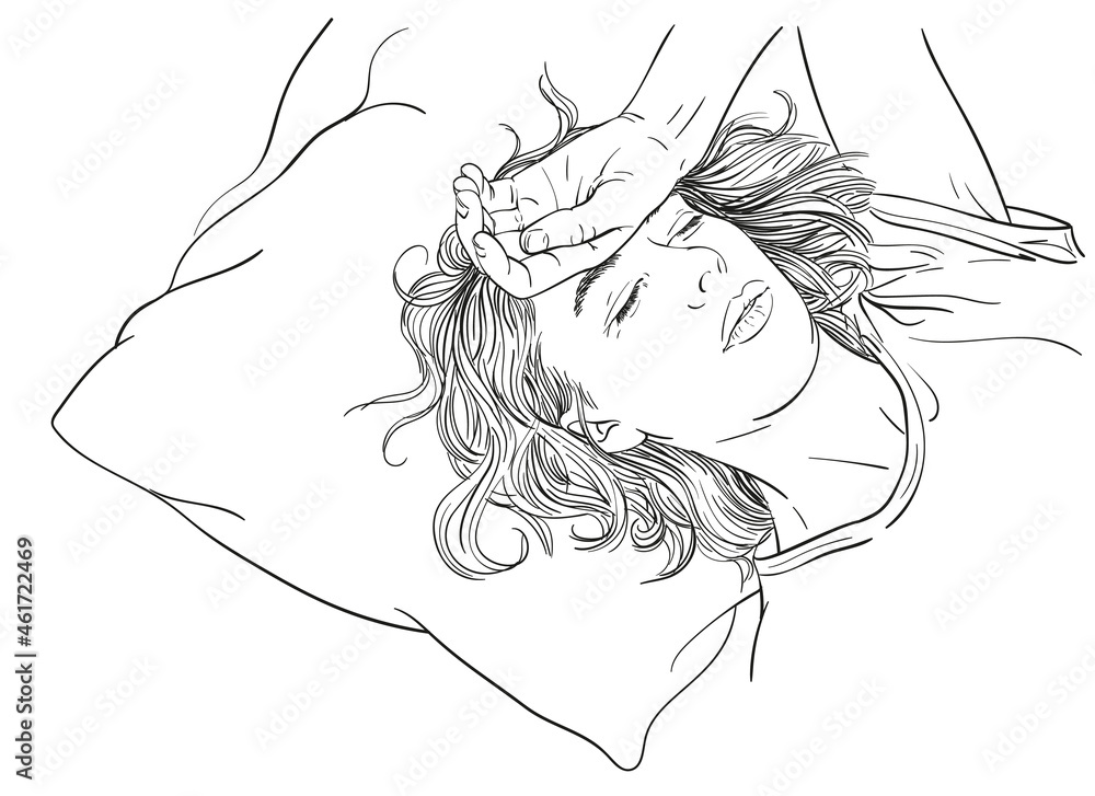 Sketch of tired young woman sleeping in bed, Hand drawn vector linear ...