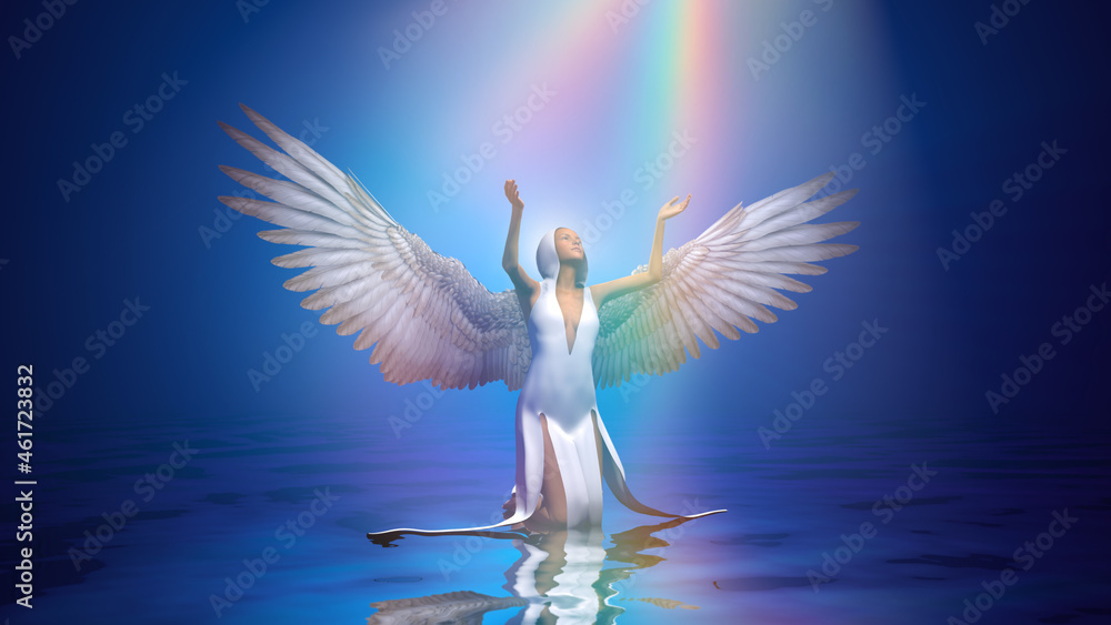 3d illustration blessed light pours from the sky on an angel Stock ...