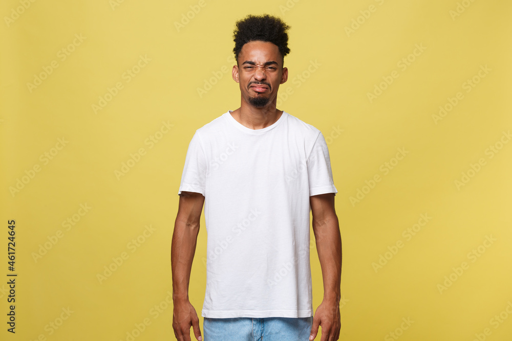 Portrait furious angry annoyed displeased young man raising hands up to ...