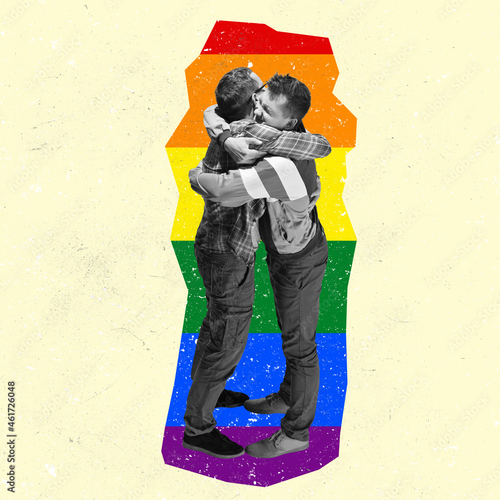 Two young men hugging against rainbow LGBT flag background, artwork ...