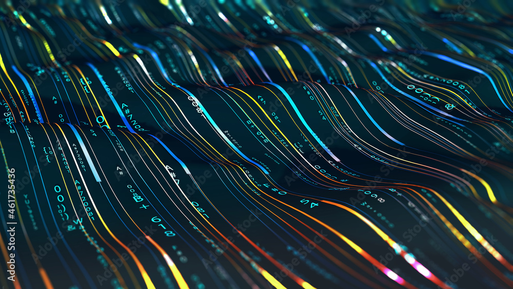 Information loop, encoded data, data stream 3D illustration. Linear waves in cyberspace ...