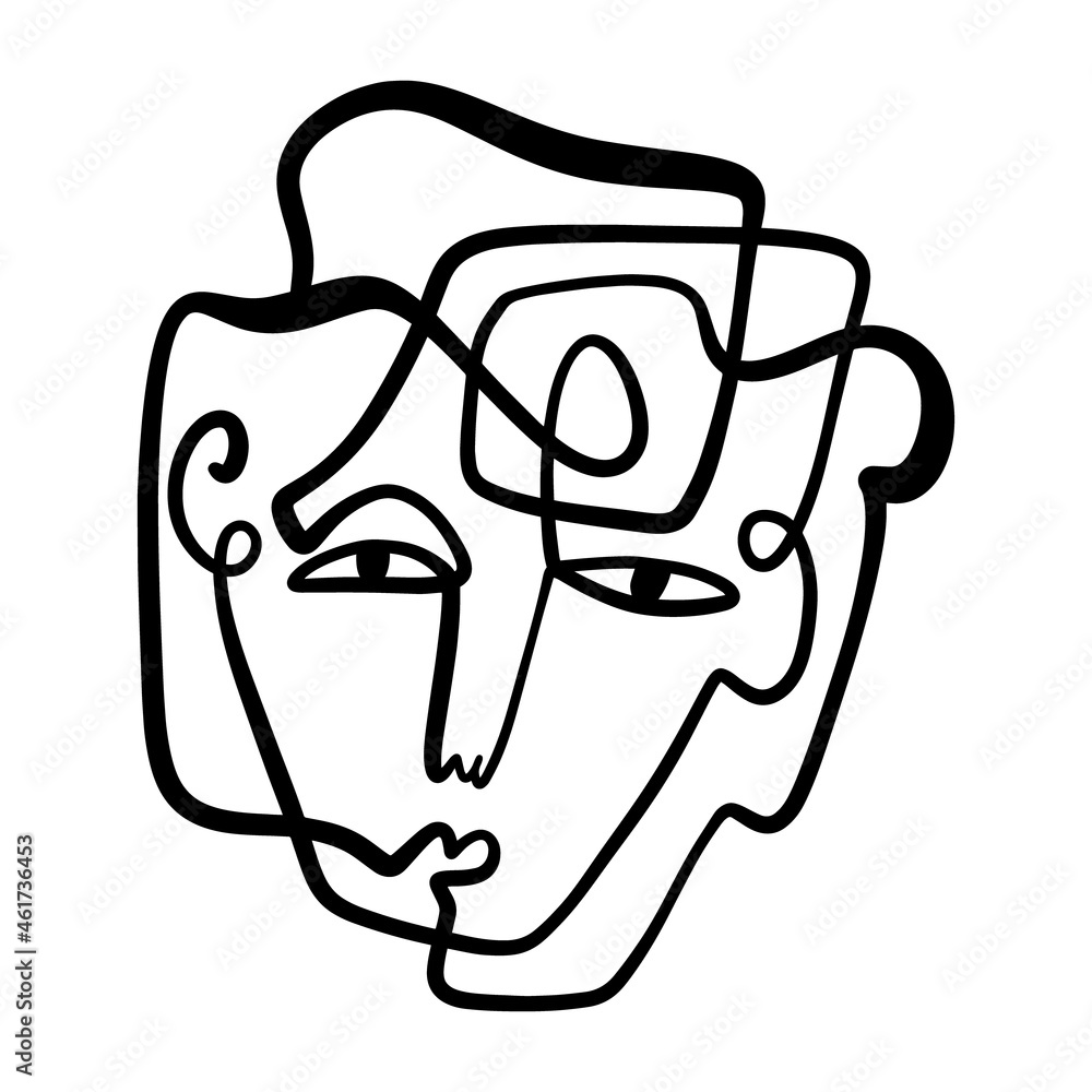 Black ink modern abstract face portrait. Linear art contemporary ...