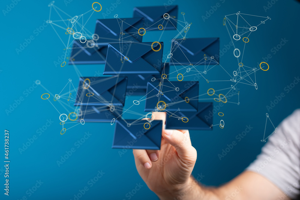 touching 3D rendering flying email icon with his fin Stock Photo ...
