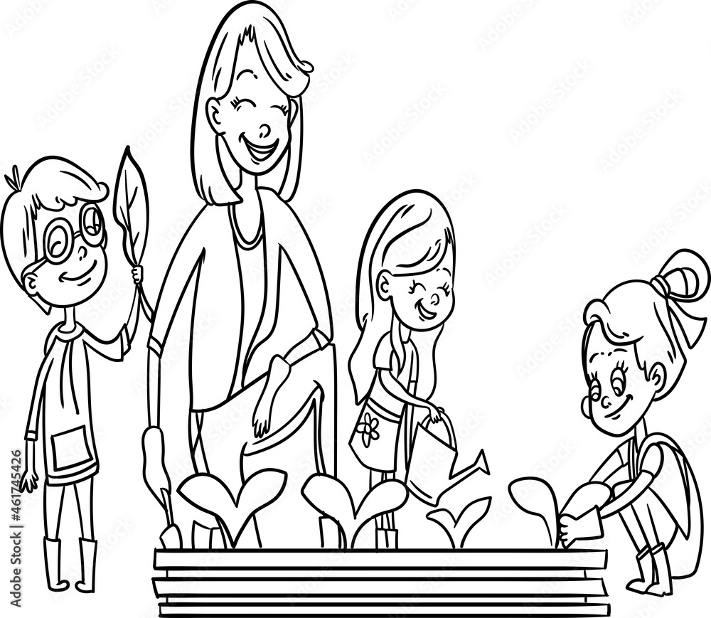 Students planting Trees to Save The Planet with teacher (Coloring Book ...