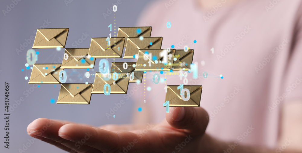 touching 3D rendering flying email icon with his fin Stock Photo ...