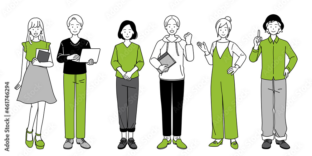 Illustrations of male and female students and full-body drawings. Stock ...