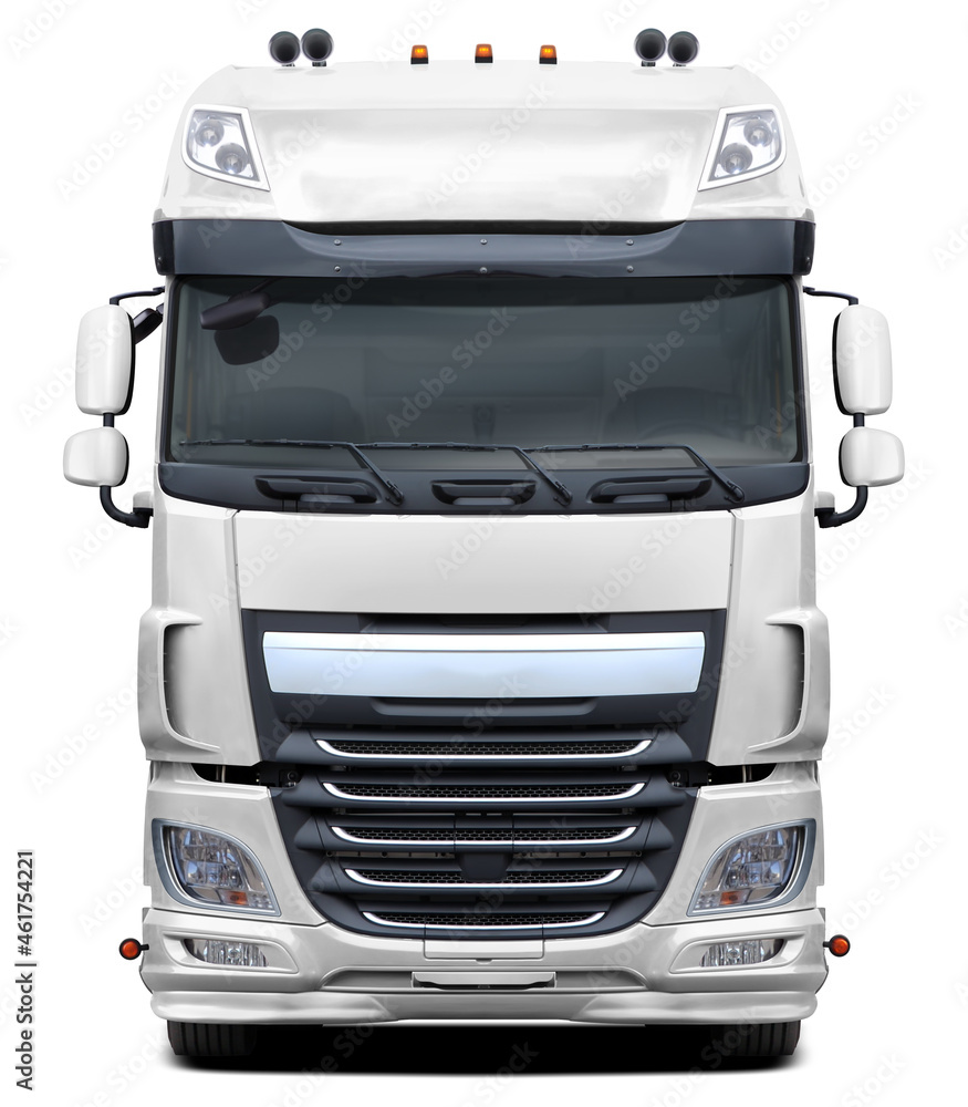 Powerful, modern European white truck. Front view isolated on white ...
