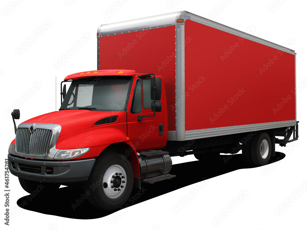 The modern delivery truck is completely red. Front side view isolated ...
