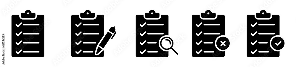 Clipboard icon set. Checklist. magnifier and pen. checkmarks. cross ...