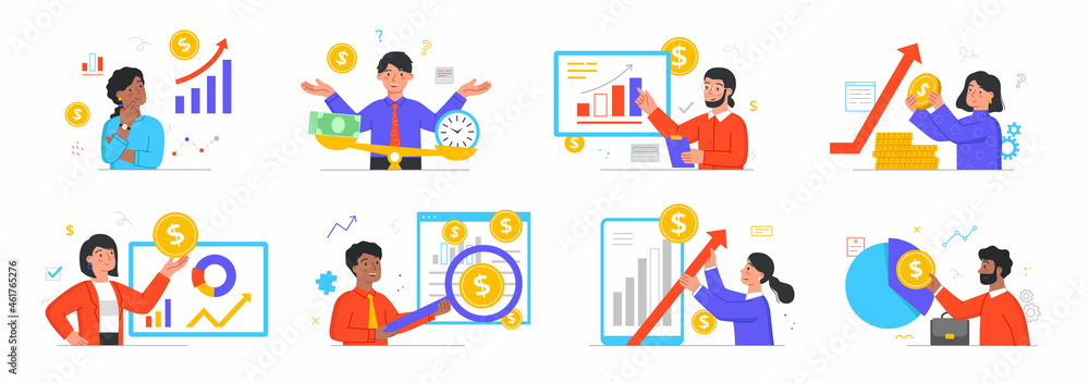 Revenue management concept. Collection of characters investing money ...