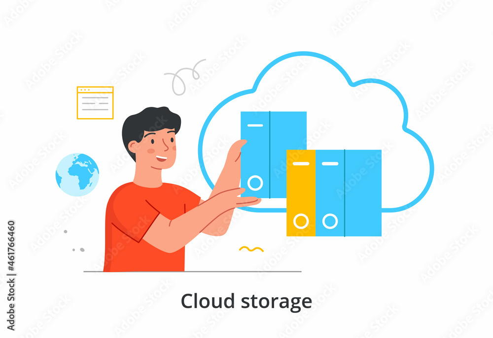 Cloud storage concept. Man sends information in folders to cloud server ...